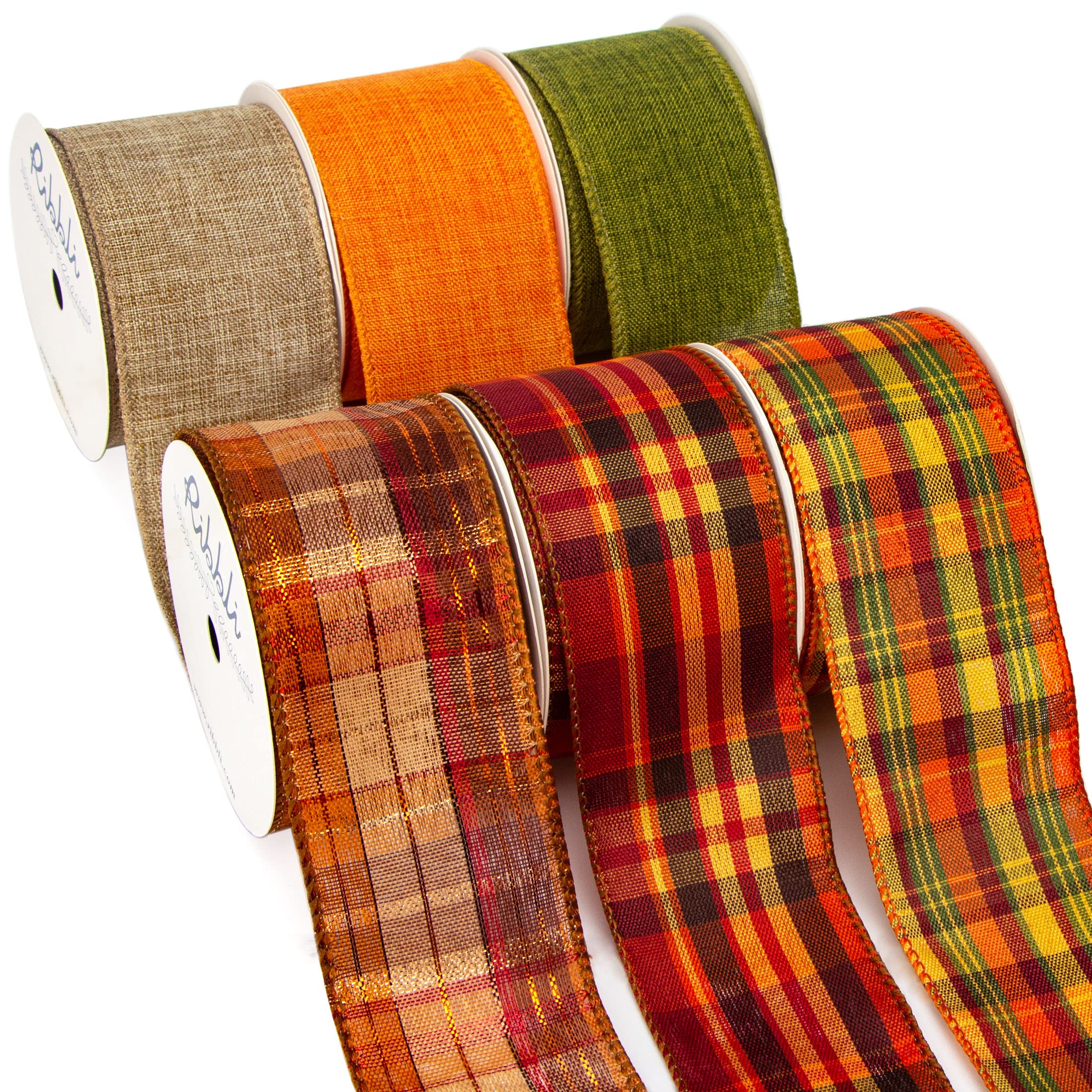 Ribbli Fall Burlap Ribbon,Natural/Orange/Sage Green/Fall Color Plaid Wired Ribbon, 2 Inch x 6 Rolls Total 30 Yard, Fall Wired Ribbon for Big Bow,Wreath,Outdoor Decoration