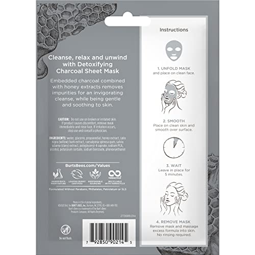 Burt's Bees Face Masks Easter Basket Stuffers, Detoxifying Charcoal Facial Skin Care Spring Gift, 100% Natural, Single Use (6 Count)