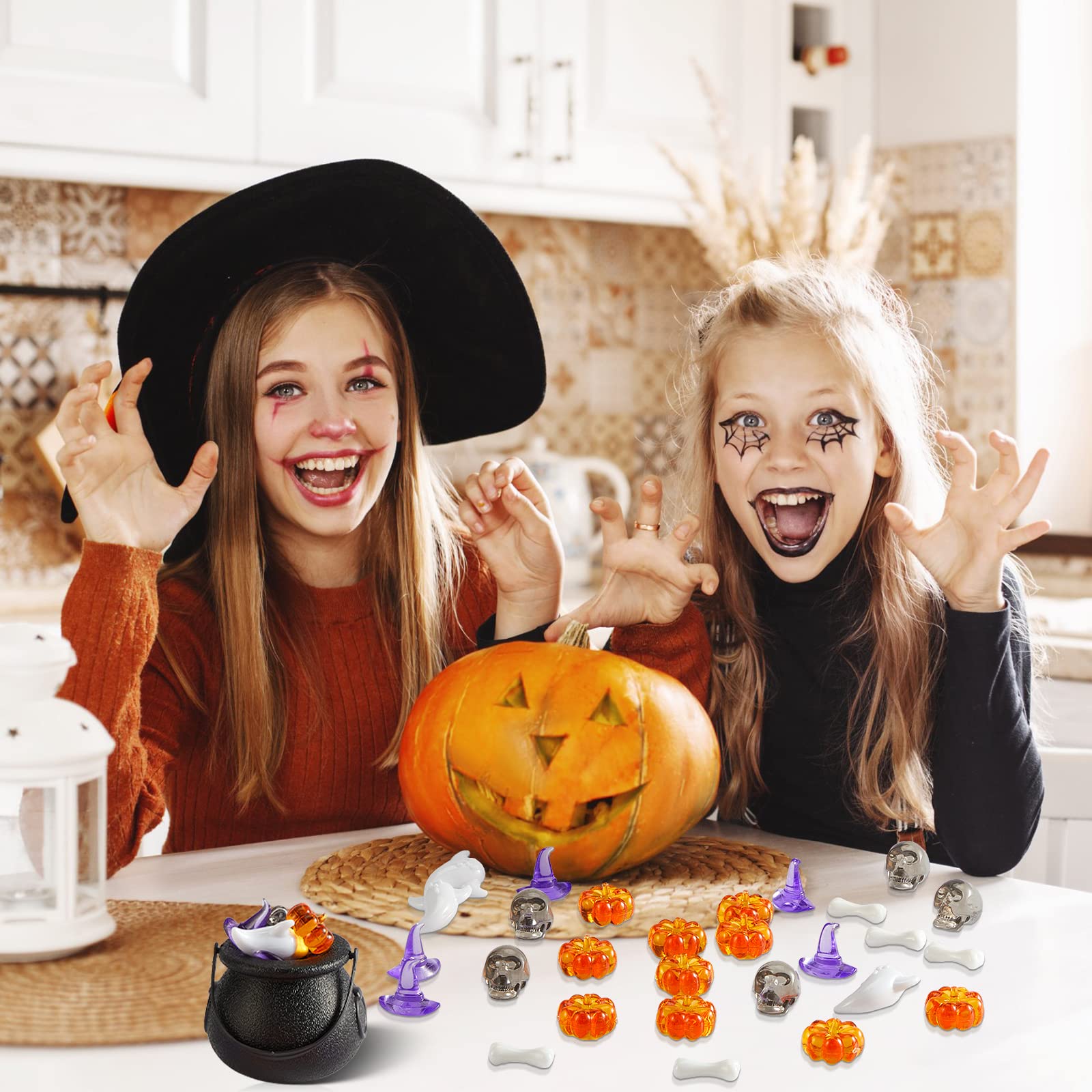 240 Pcs Halloween Mini Acrylic Pumpkin Ornaments Mini Skull Head Small Witch Hats Mini Skeleton Bones Cute Ghost Ornaments Table Scatter Vase Filler for Thanksgiving Fall Autumn Halloween Party