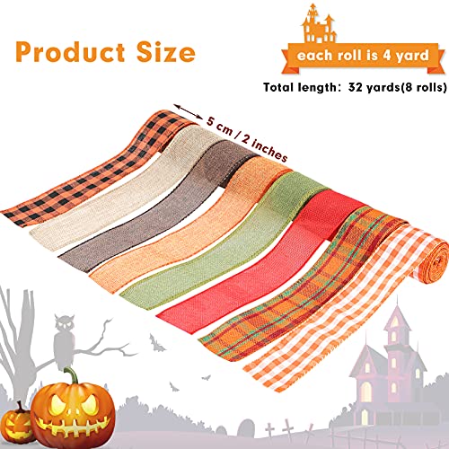 8 Rolls 32 Yards Fall Theme Ribbon Thanksgiving Wired Edge Ribbon Wrapping Ribbon Roll Autumn Decorative Ribbon for Autumn Harvest Thanksgiving Wreath Decoration (Buffalo Plaid Pattern)