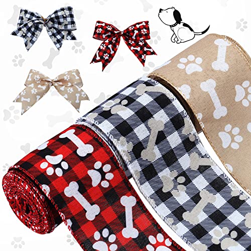 3 Rolls 19.5 Yards Paw Print Ribbon Dog Bone Ribbon Dog Paw Wrapping Ribbon Paw Print Wired Edge Ribbon Decorative Wrapping Ribbons for DIY Wrapping Craft(Beige, Red Black Plaid, White Black Plaid)