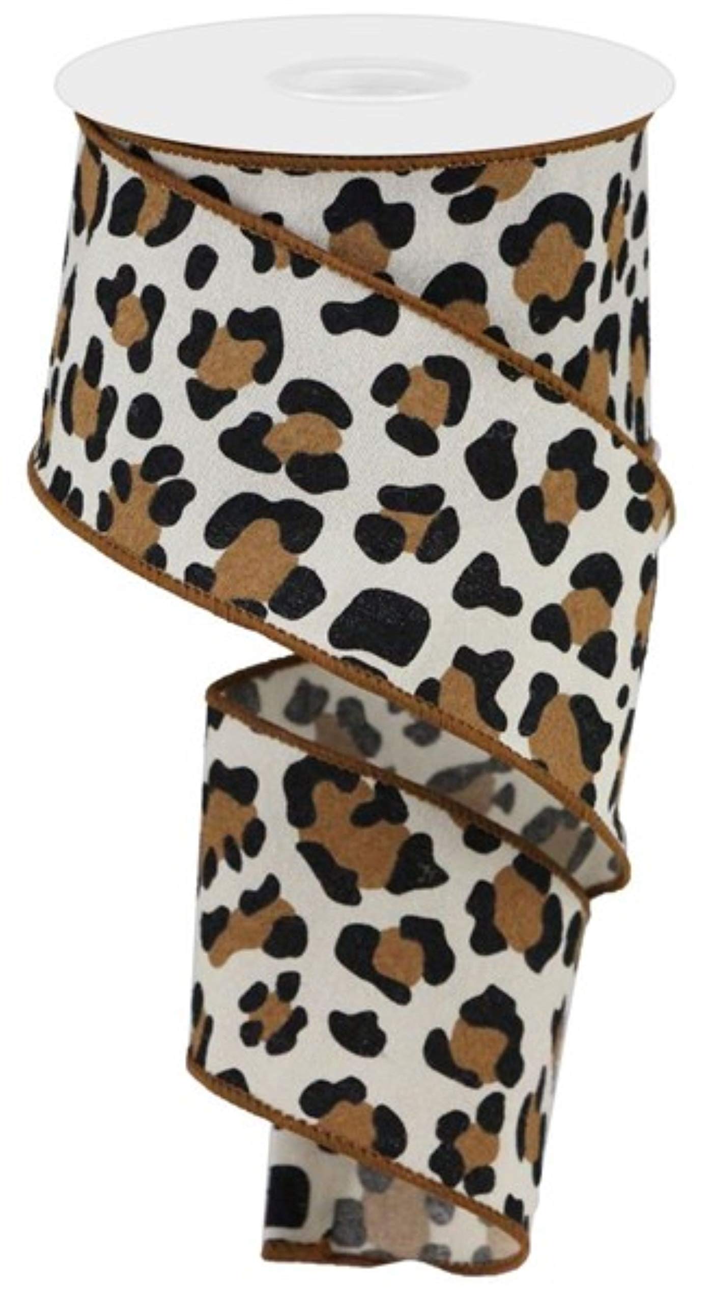 Cheetah Leopard Animal Spots Fuzzy Wired Ribbon, Brown Beige Natural - 2.5 Inches x 10 Yards