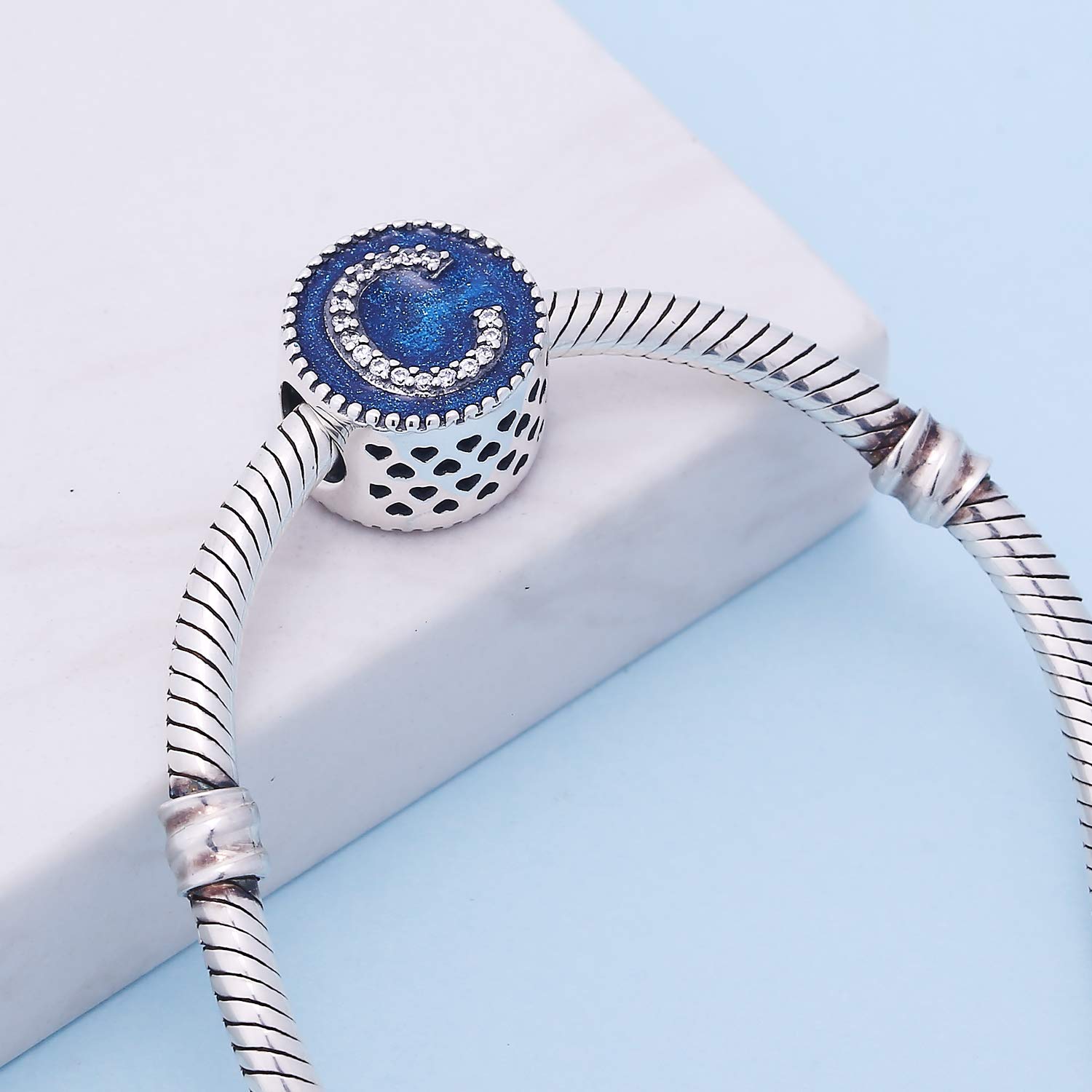 SOUKISS Alphabet A-Z Cubic Stone Charms Solid 925 Sterling Silver Ocean Blue Letter Beads Fits European Bracelets (Letter C)