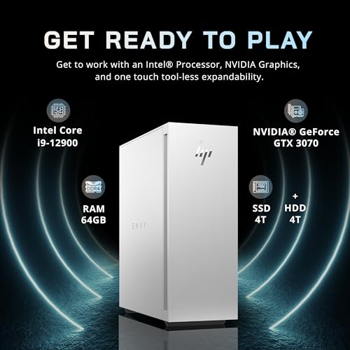 HP 2022 Envy Gaming Desktop, Intel Core i9-12900 Processor, 64GB DDR4 RAM, 4TB PCIe SSD + 4TB HDD, NVIDIA GeForce RTX 3070 8G DDR6, Win 11 Pro, White, 32GB USB Business Card (Renewed)