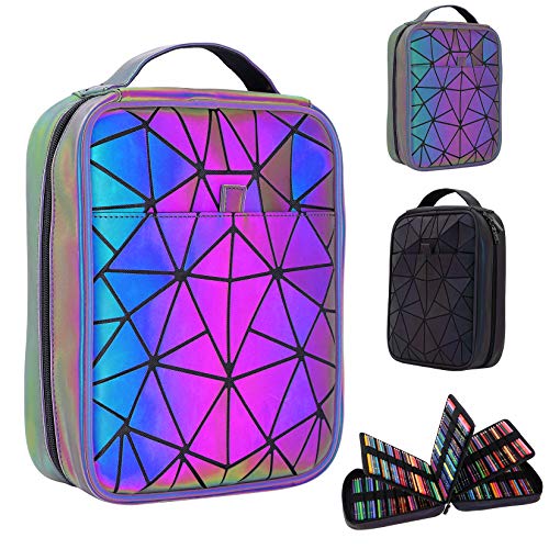 Qbily Colored Pencil Case - 200 Slots Geometric rhombus color changing pencil case with zipper, for Marker Watercolor Paint Brush Pencil Fountain Pen Gel Pen Case organizer and Many More