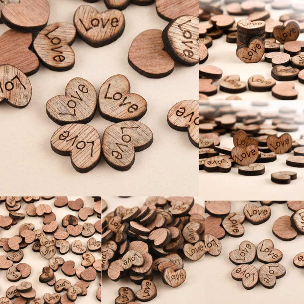 AkoMatial Decorative Wood Wooden Buttons, Rustic Wooden 100pcs Wood Love Heart Stars Wedding Table Scatter Decoration Crafts #3