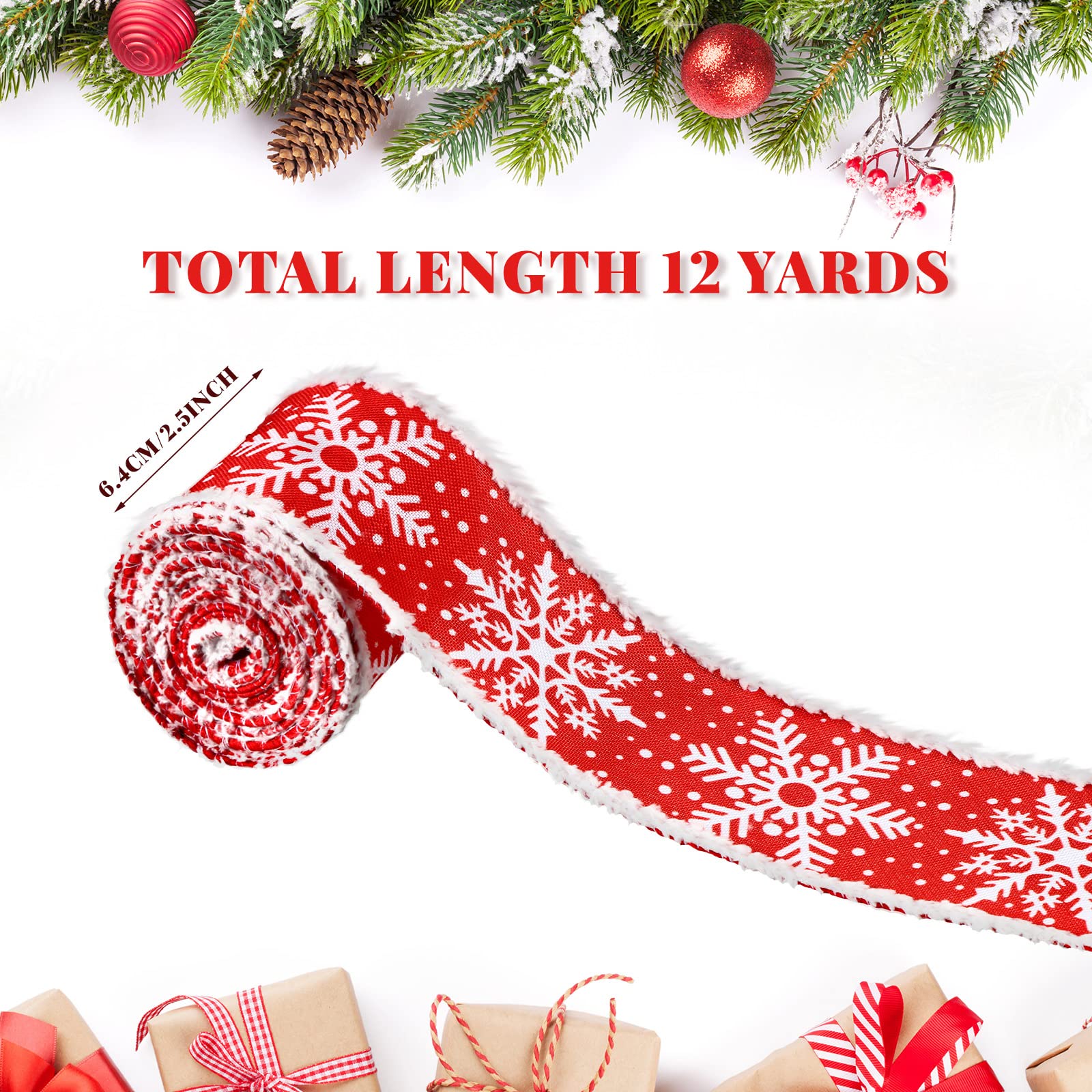 Giegxin 2 Rolls 6 Yard Winter Snowflake Wired Edge Ribbon 2.5" Decorative Christmas Tree Ribbons for Winter Christmas Holiday Seasonal DIY Gift Wrapping Garland Wreath Gift Basket (Red)