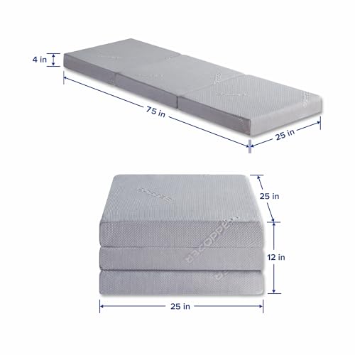 Olee Sleep Tri-Folding Antibacterial Memory Foam Mattress Topper, 4 Inch Copper Bamboo Gel Folding Mattress, Washable Cover, CertiPUR-US Certified, Soft, Grey, Single Size