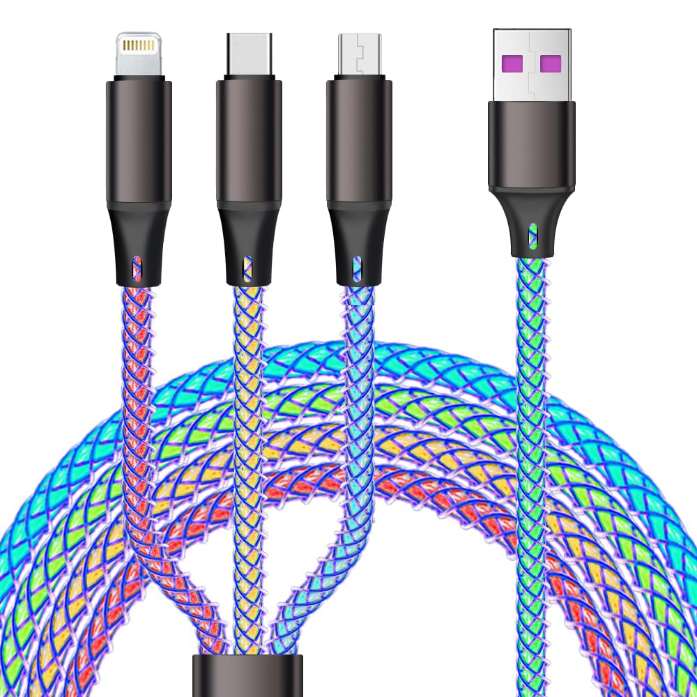 KINDRM Led Multi Charging Cable, 3in1 4ft RGB Light UP Gradual USB to Lightning/Micro USB/Type-C Multi Charger Cable 6A Fast Charing Cord for iPhone, Samsung Galaxy, LG, Tablets and Most Cell Phones