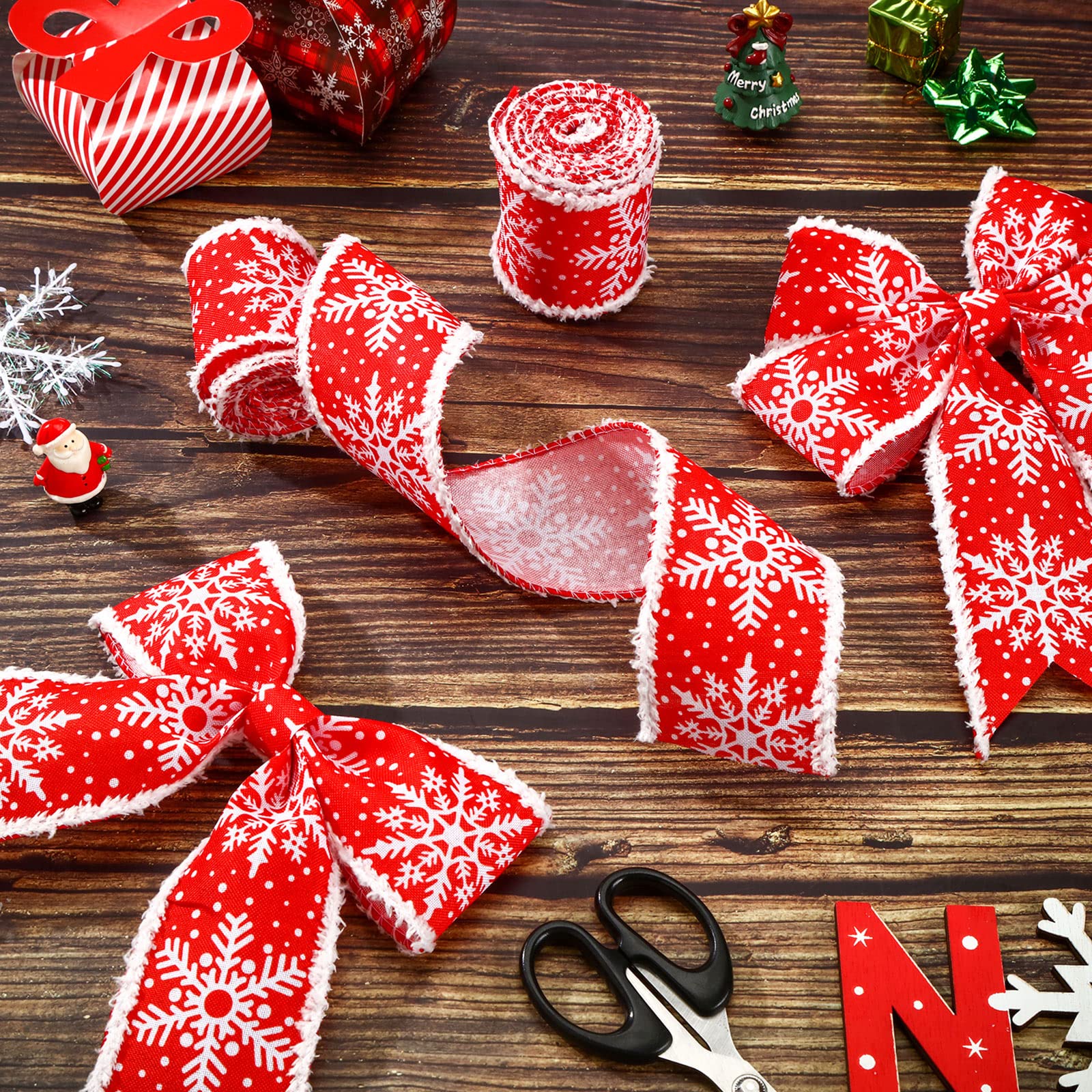 Giegxin 2 Rolls 6 Yard Winter Snowflake Wired Edge Ribbon 2.5" Decorative Christmas Tree Ribbons for Winter Christmas Holiday Seasonal DIY Gift Wrapping Garland Wreath Gift Basket (Red)