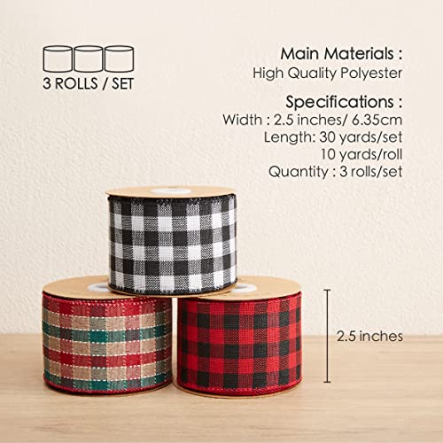 Vitalizart Buffalo Plaid Ribbon Set 2.5" x 30Yd Wired Gingham Ribbon for Christmas Tree Home Decoration Wreath Handmade Crafts Gift Wrapping Bow Making (Black White Red Green)