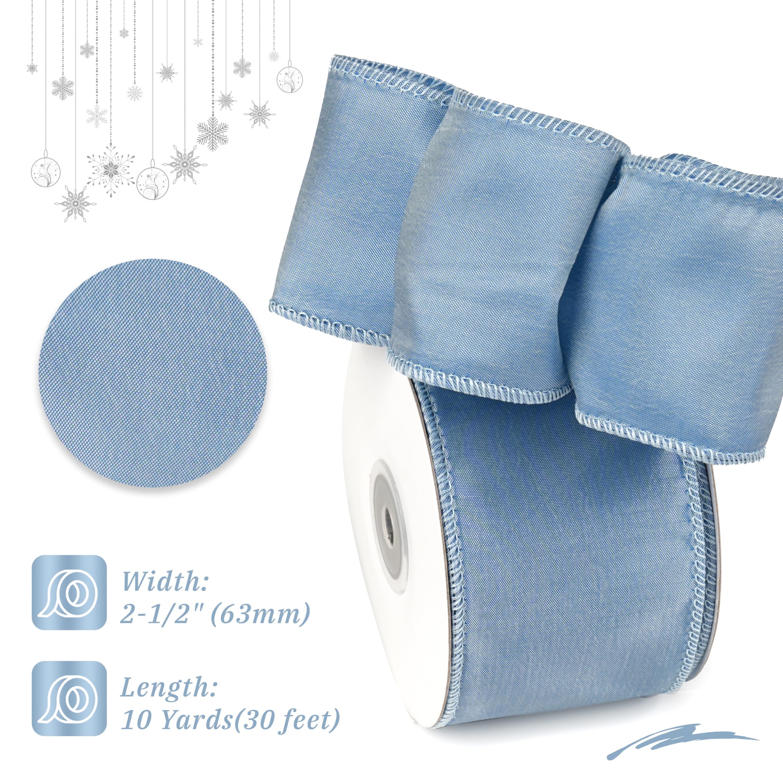 DINDOSAL Dusty Blue Christmas Ribbon Wired 2.5" x 10 Yard French Blue Wired Ribbon Blue Ribbon for Christmas Tree Decorations, Topper Bows, Wreaths, Crafts, Home Decor, Gift Wrapping