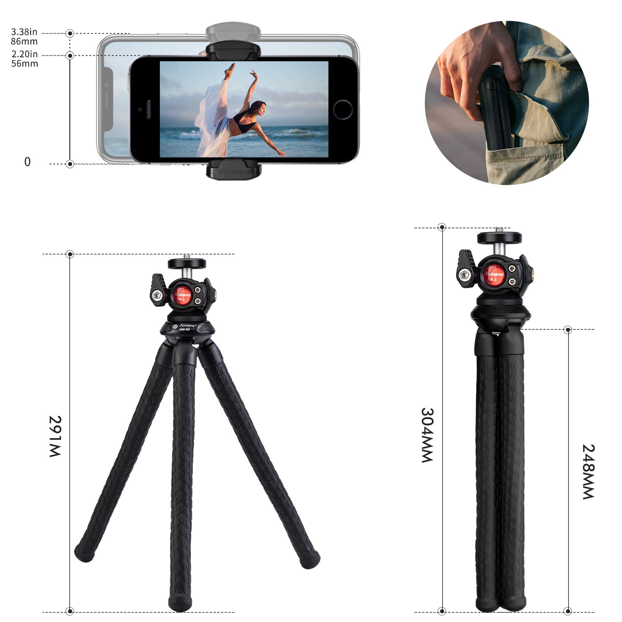 Fotopro RM-80 Flexible Tripod with Ball Head - Bendable Phone Stand for Travel Vlogging, Handheld Camera Mount, Compatible with Smartphones, Compact & Portable
