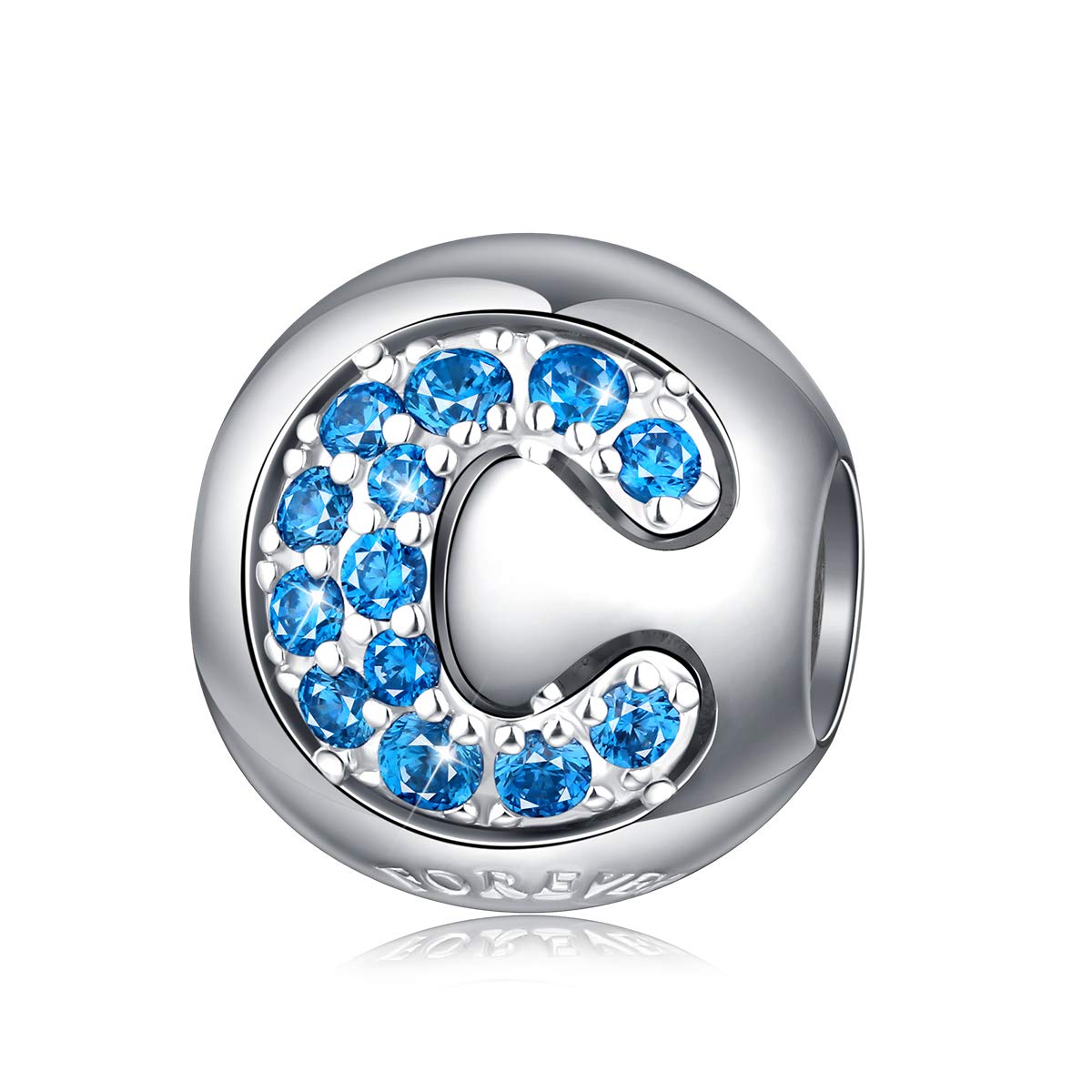 FOREVER QUEEN Alphabet Initial A-Z Letter Charm Bead in 925 Sterling Silver with 5A Blue CZ fit European Bracelet Necklace for Birthday Women Men Gifts (Letter. C Charm)