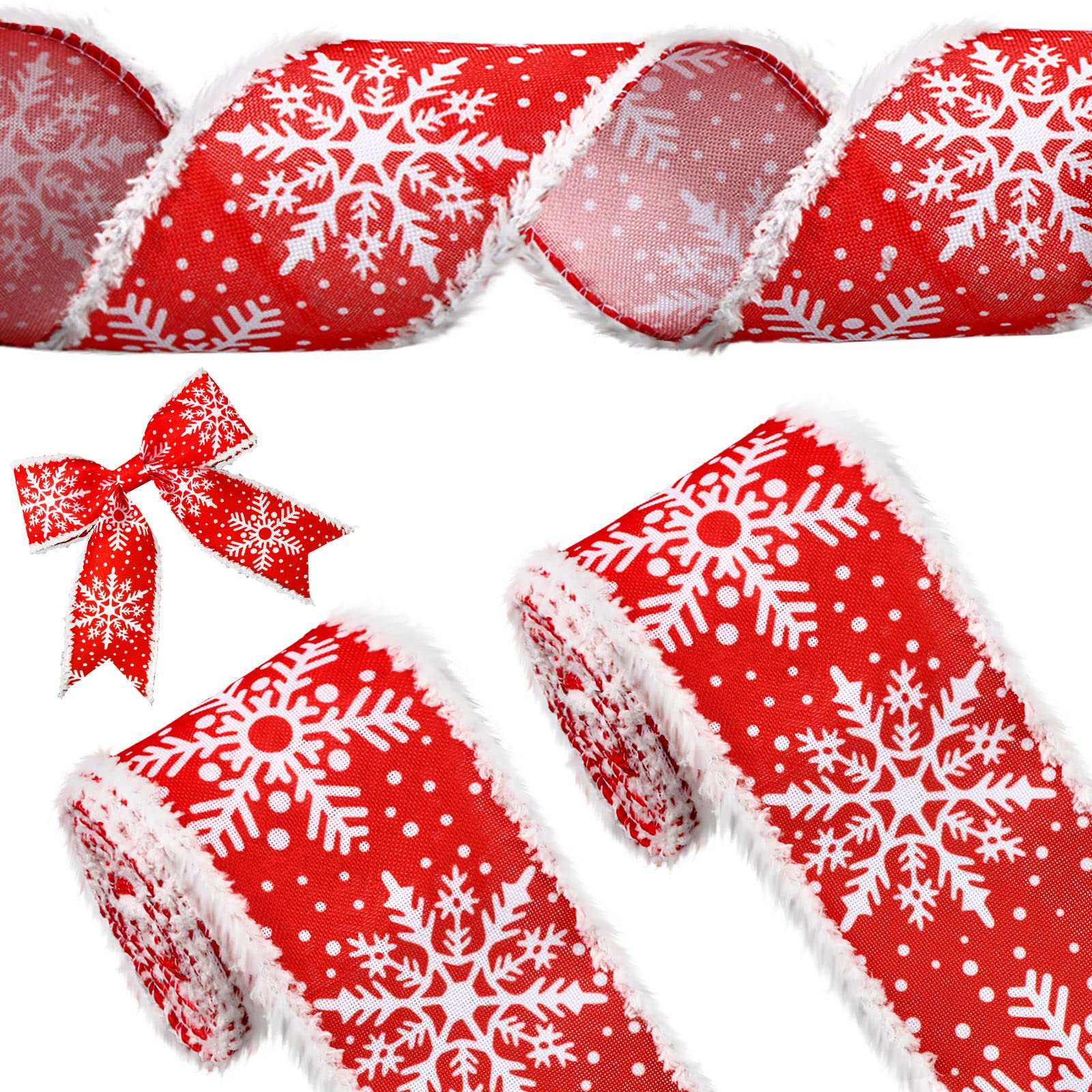 Giegxin 2 Rolls 6 Yard Winter Snowflake Wired Edge Ribbon 2.5" Decorative Christmas Tree Ribbons for Winter Christmas Holiday Seasonal DIY Gift Wrapping Garland Wreath Gift Basket (Red)