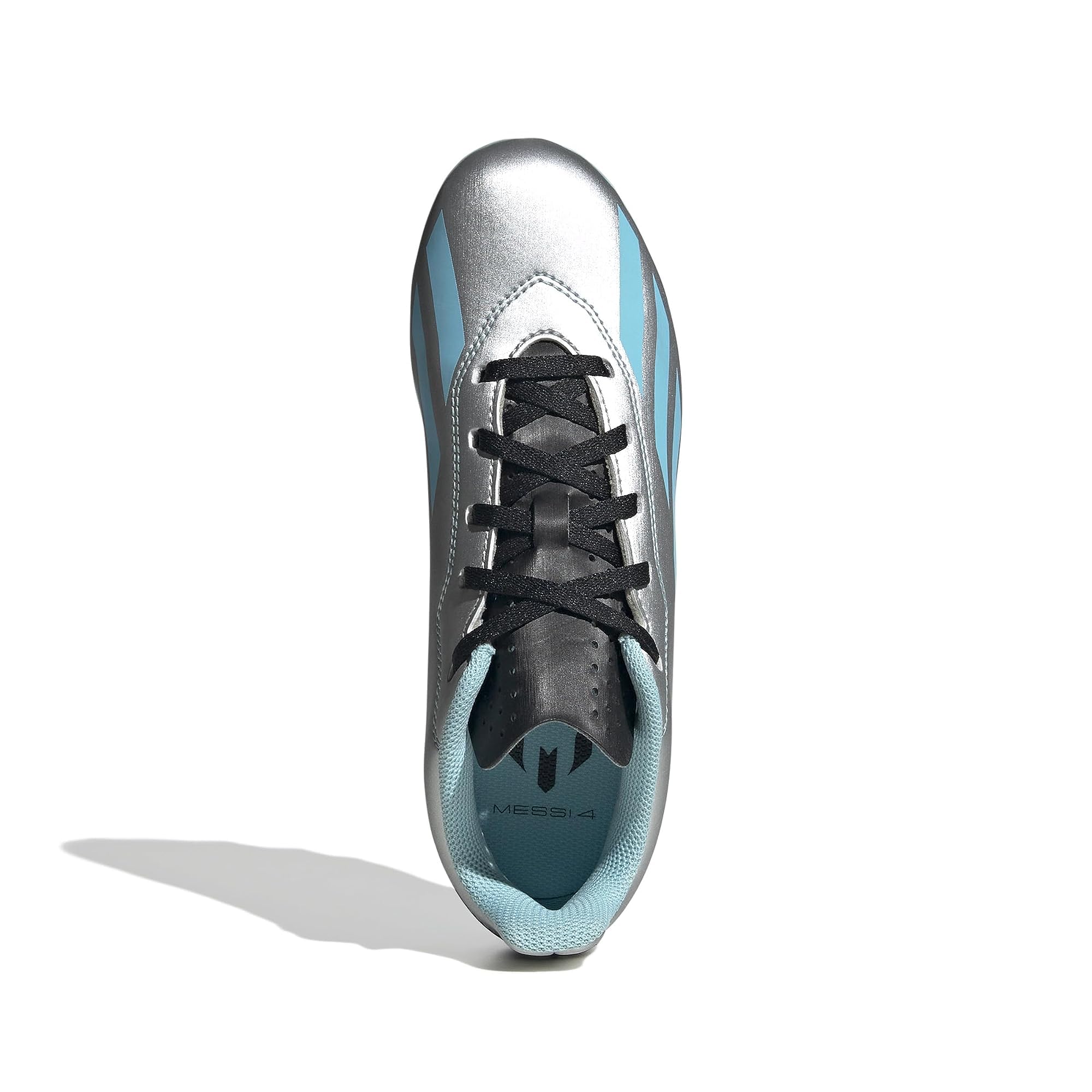 adidas X Crazyfast Messi.4 Firm Ground Sneaker, Silver Metallic/Bliss Blue/Core Black, 2 US Unisex Little Kid