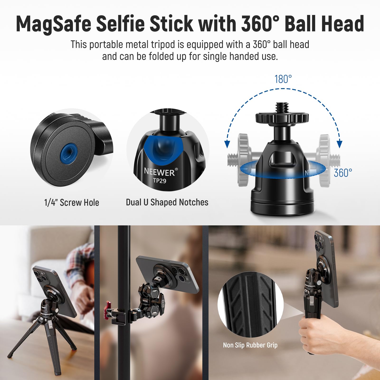 NEEWER Magnetic Desk Phone Tripod Set Compatible with MagSafe iPhone 16 15 Pro Max Plus 14 13 12 Series, Single Hand Grip Selfie Stick Metal Tabletop Mini Tripod with Ball Head, PA010+TP29