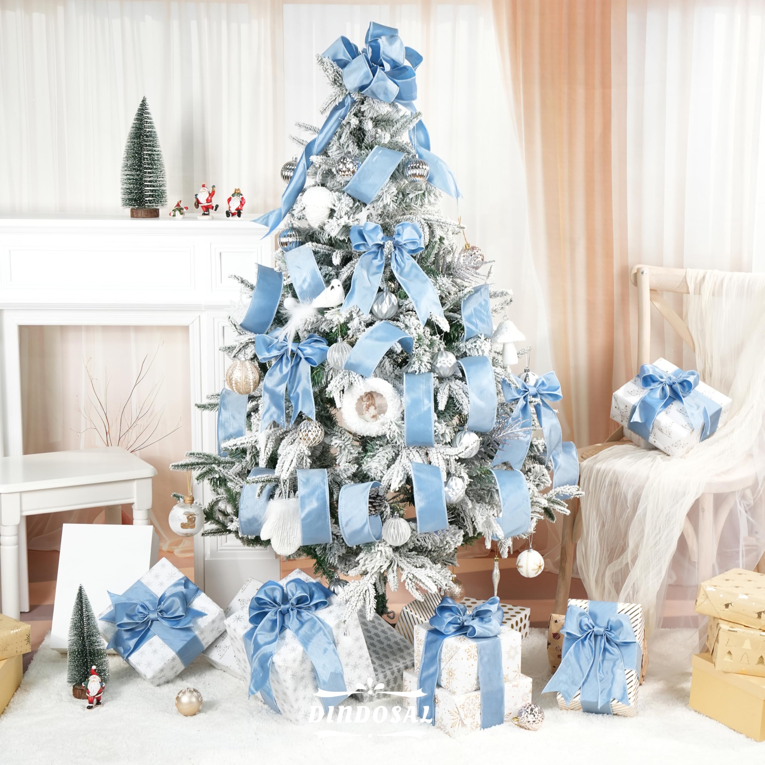 DINDOSAL Dusty Blue Christmas Ribbon Wired 2.5" x 10 Yard French Blue Wired Ribbon Blue Ribbon for Christmas Tree Decorations, Topper Bows, Wreaths, Crafts, Home Decor, Gift Wrapping