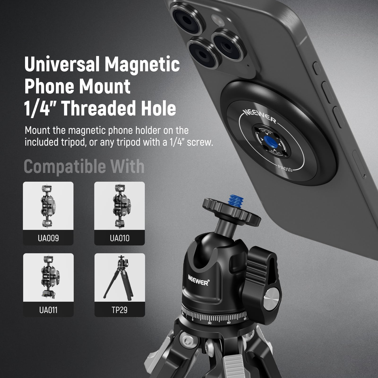 NEEWER Magnetic Desk Phone Tripod Set Compatible with MagSafe iPhone 16 15 Pro Max Plus 14 13 12 Series, Single Hand Grip Selfie Stick Metal Tabletop Mini Tripod with Ball Head, PA010+TP29