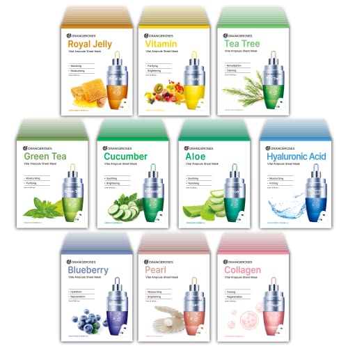 【 Orangeroses 】 100 Combo Pack Vital Ampoule Full Face Facial Sheet Mask [ 10 Types x 10 ] Premium Korean Mask with Release Paper for Easy & Comfortable Application, Skincare Facial Mask for Women & Men
