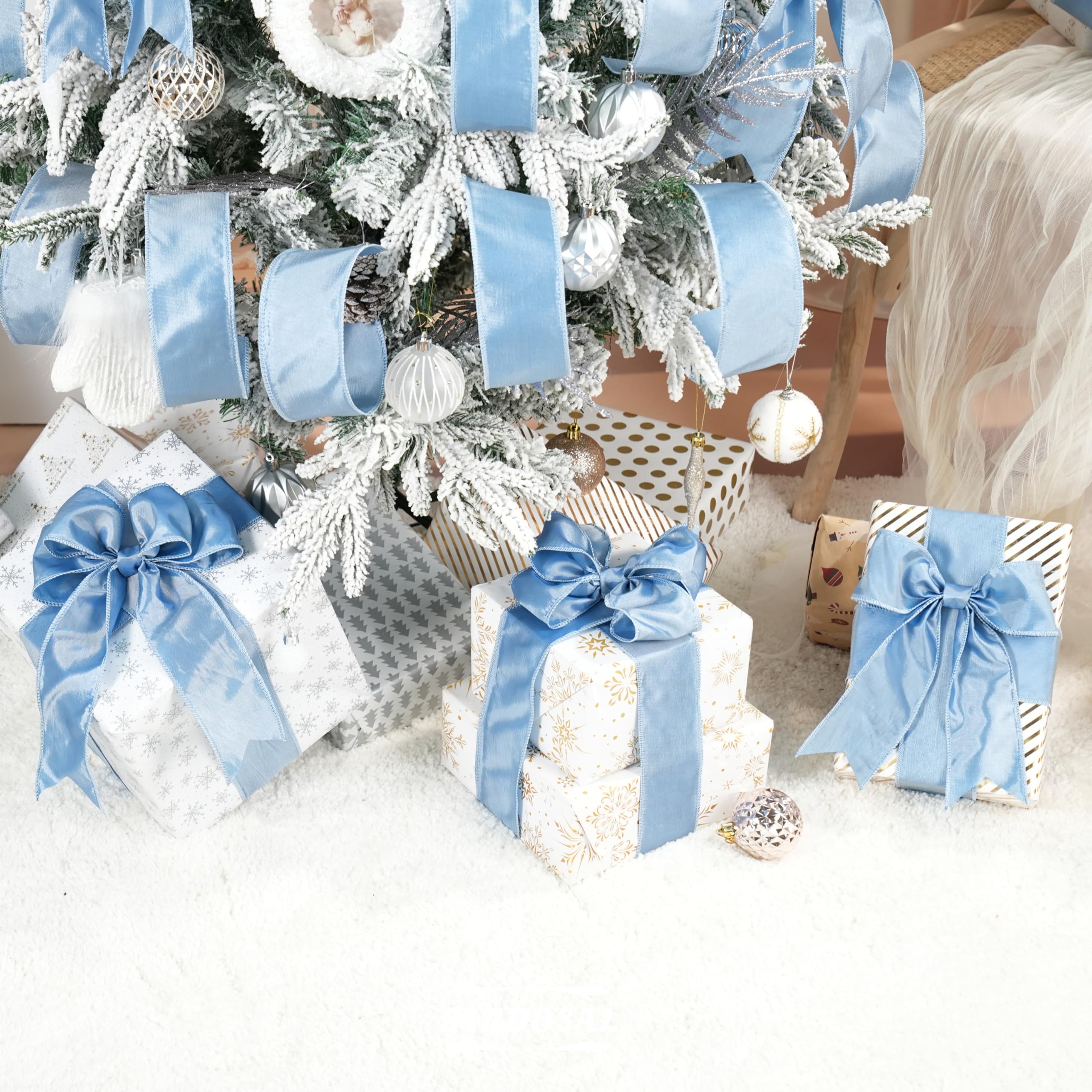 DINDOSAL Dusty Blue Christmas Ribbon Wired 2.5" x 10 Yard French Blue Wired Ribbon Blue Ribbon for Christmas Tree Decorations, Topper Bows, Wreaths, Crafts, Home Decor, Gift Wrapping