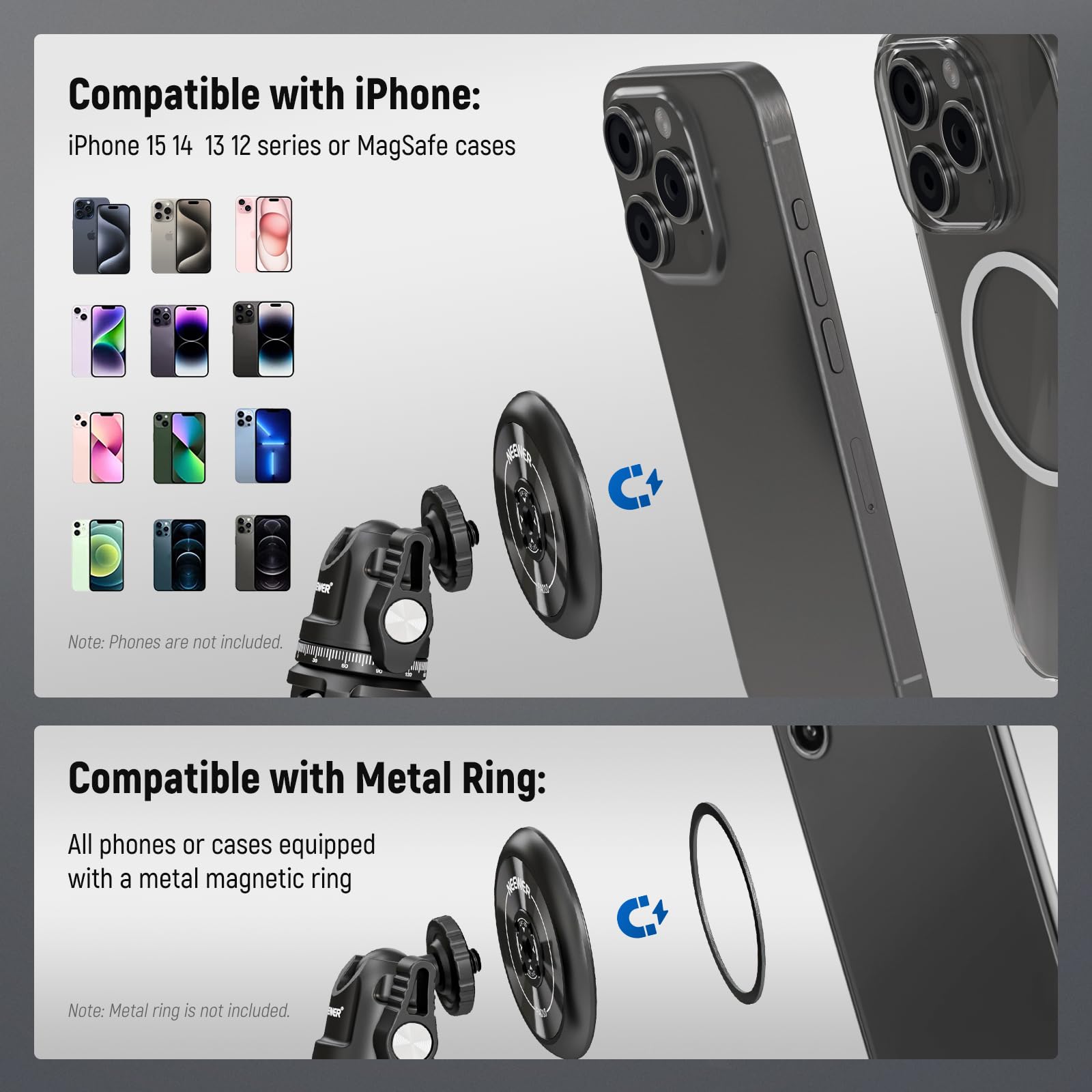 NEEWER Magnetic Desk Phone Tripod Set Compatible with MagSafe iPhone 16 15 Pro Max Plus 14 13 12 Series, Single Hand Grip Selfie Stick Metal Tabletop Mini Tripod with Ball Head, PA010+TP29
