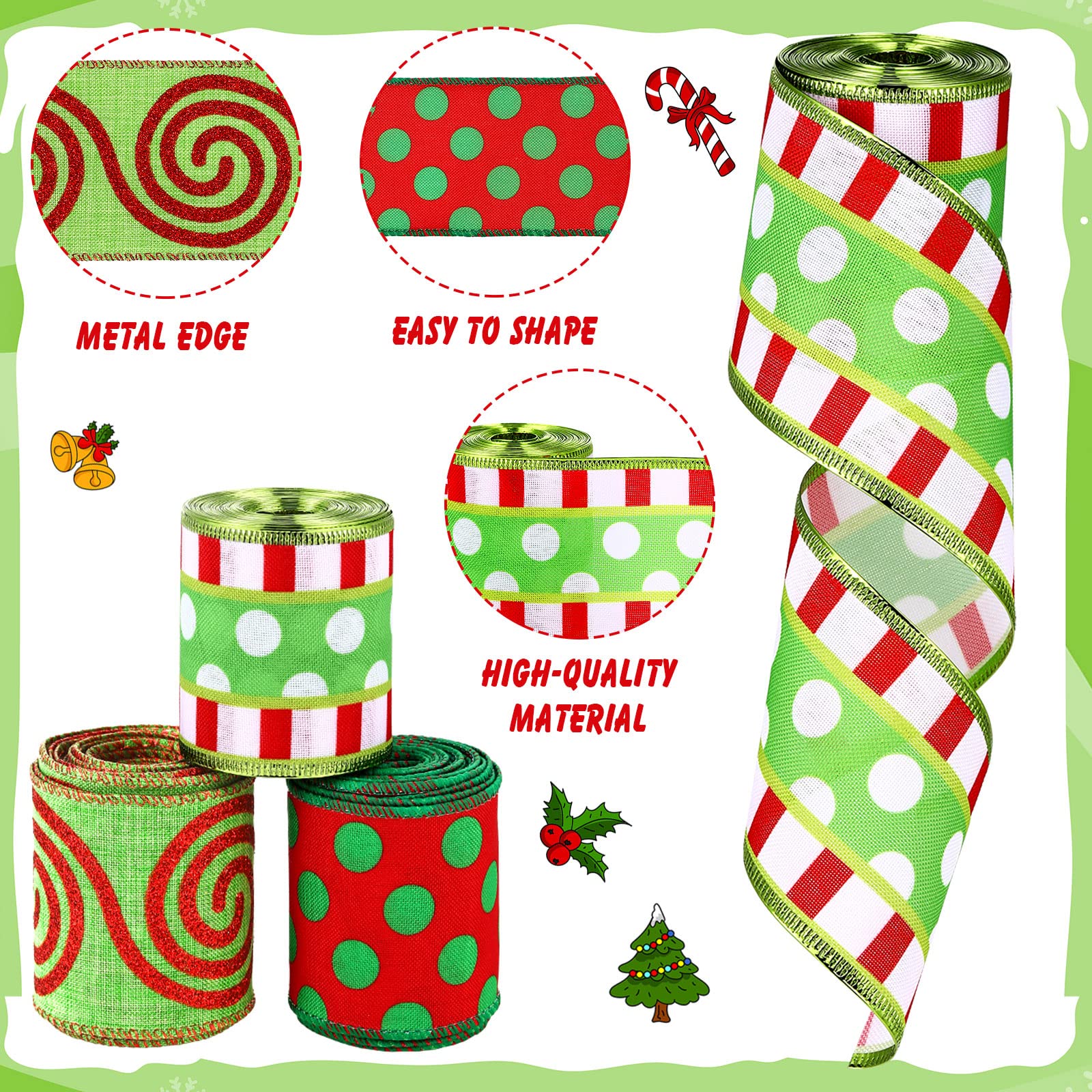 Yinder 3 Rolls Christmas Wired Ribbon Red and Lime Green Christmas Wrapping Ribbon 2.56 in Wide Polka Dot Swirl Fabric Xmas Decorative for DIY Crafts Tree Decorations