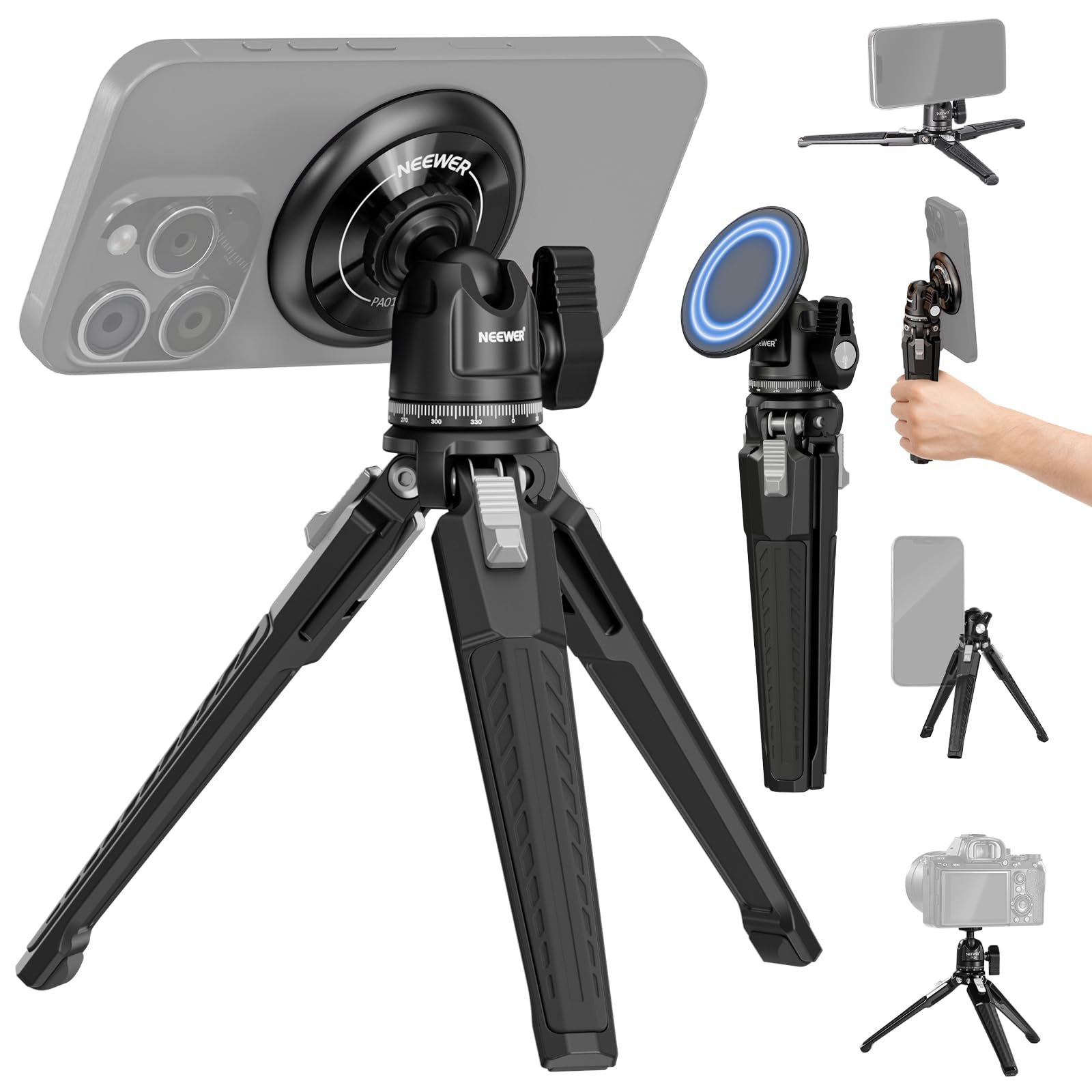 NEEWER Magnetic Desk Phone Tripod Set Compatible with MagSafe iPhone 16 15 Pro Max Plus 14 13 12 Series, Single Hand Grip Selfie Stick Metal Tabletop Mini Tripod with Ball Head, PA010+TP29