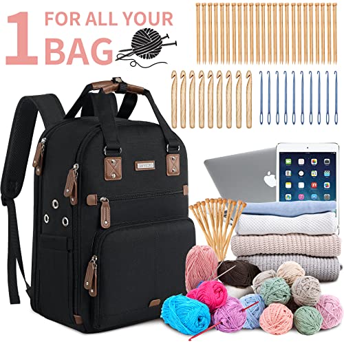 Crochet Bag, Knitting Bag Backpack and Totes Organizer with USB Charging Port, Large Yarn Storage Tote Bag Yarn Holder Case for Carrying Projects, Knitting Needles, Crochet Hooks,fits 15.6 inch Laptop