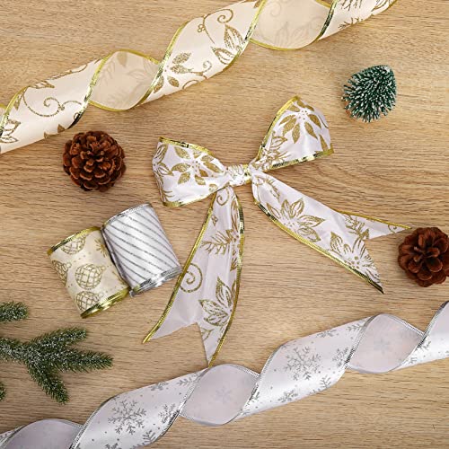 FairyLee 6 Rolls Christmas Wired Ribbon, Assorted Glitter Satin Ribbon White Gold Ribbon for Christmas Tree Bow Gift Wrapping Wreath Bouquet DIY Crafts, 2.5 Inch 6 Yards Each Roll