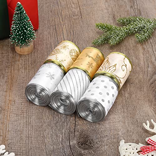 FairyLee 6 Rolls Christmas Wired Ribbon, Assorted Glitter Satin Ribbon White Gold Ribbon for Christmas Tree Bow Gift Wrapping Wreath Bouquet DIY Crafts, 2.5 Inch 6 Yards Each Roll
