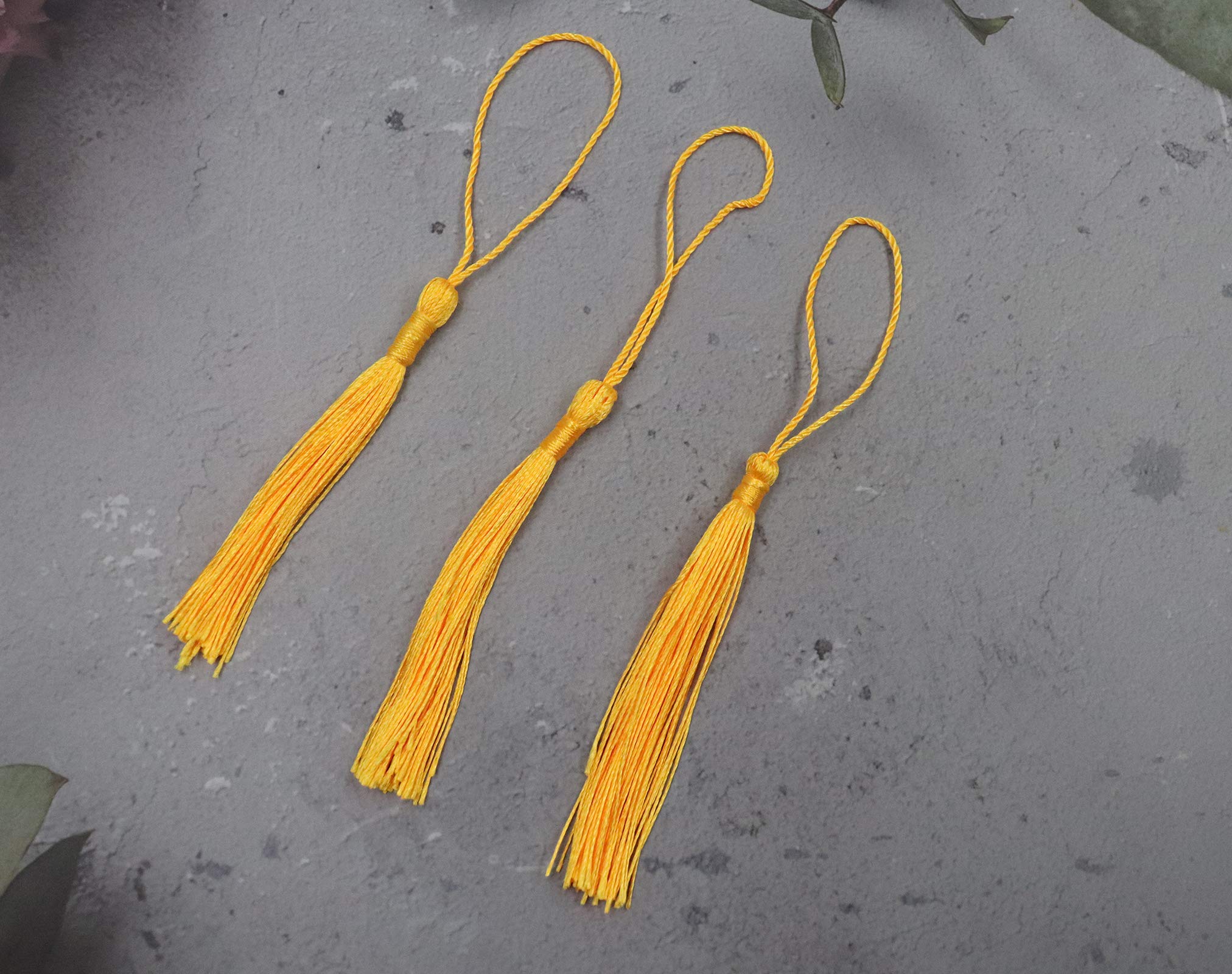 Sowaka 50 Pcs Tassel Silky Soft Mini Floss Handmade Tassels with Loop for Bookmark Jewelry Making Keychain Souvenir DIY Crafting Project Supplies Chinese Knot (Royee Gold)