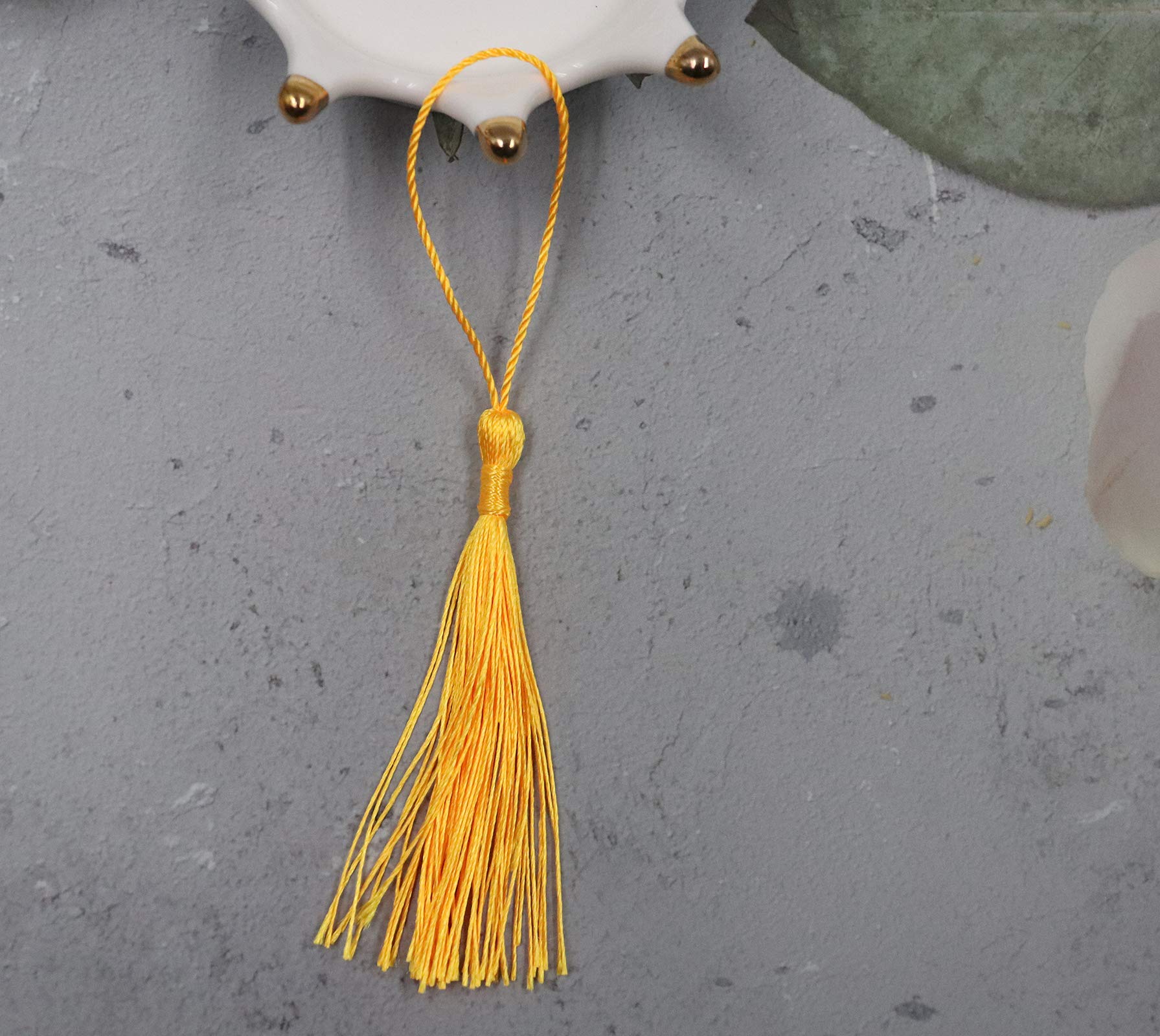 Sowaka 50 Pcs Tassel Silky Soft Mini Floss Handmade Tassels with Loop for Bookmark Jewelry Making Keychain Souvenir DIY Crafting Project Supplies Chinese Knot (Royee Gold)