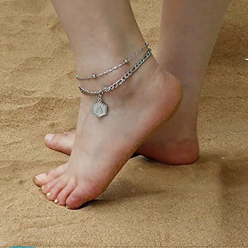 C Silver Initial Anklet for Women Layered Beaded Hexagon Letter Ankle Silver Cuban Link Anklet Bracelet for Women Men Dainty Letter Name Ankle((Silver C)