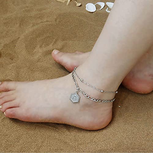 C Silver Initial Anklet for Women Layered Beaded Hexagon Letter Ankle Silver Cuban Link Anklet Bracelet for Women Men Dainty Letter Name Ankle((Silver C)
