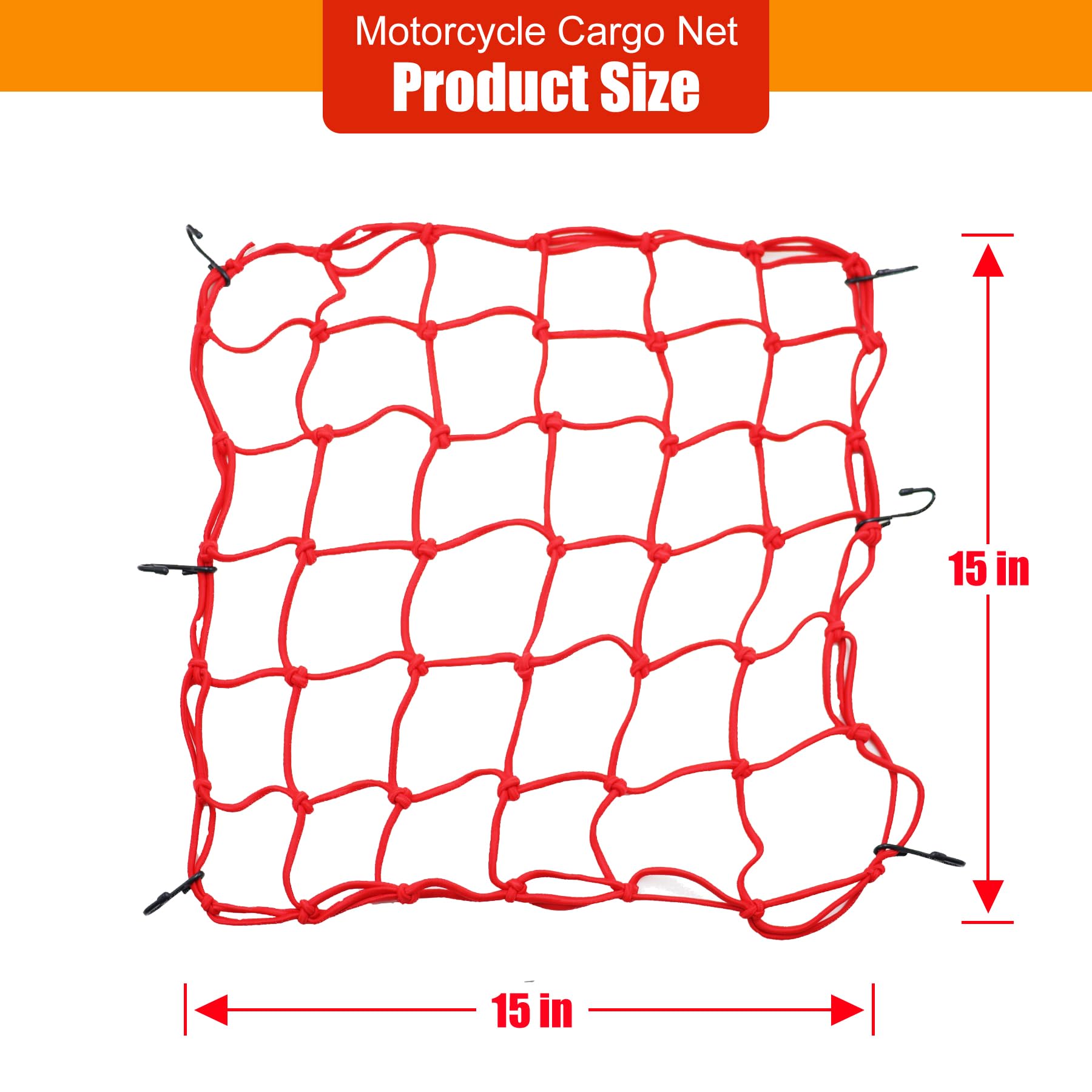 Amiss 15"x15" Elastic Motorcycle Cargo Net, Heavy Duty Bungee Net with 6 Adjustable Plastic Hooks, Luggage Thicken Netting with 2"x2" Small Mesh, Fit for Trailer, SUV, Motorcycle, ATV, Bike - Red