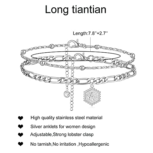 C Silver Initial Anklet for Women Layered Beaded Hexagon Letter Ankle Silver Cuban Link Anklet Bracelet for Women Men Dainty Letter Name Ankle((Silver C)