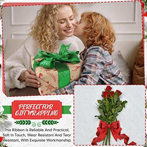 Juinte 2 Roll 20 Yards Christmas Wired Ribbon Glitter Christmas Tree Ribbon Thick Metallic Ribbon Gift Wrapping Tree Decor for Wreath Garland Party DIY Crafts Decorations(1.5 Inch,Red, Green)