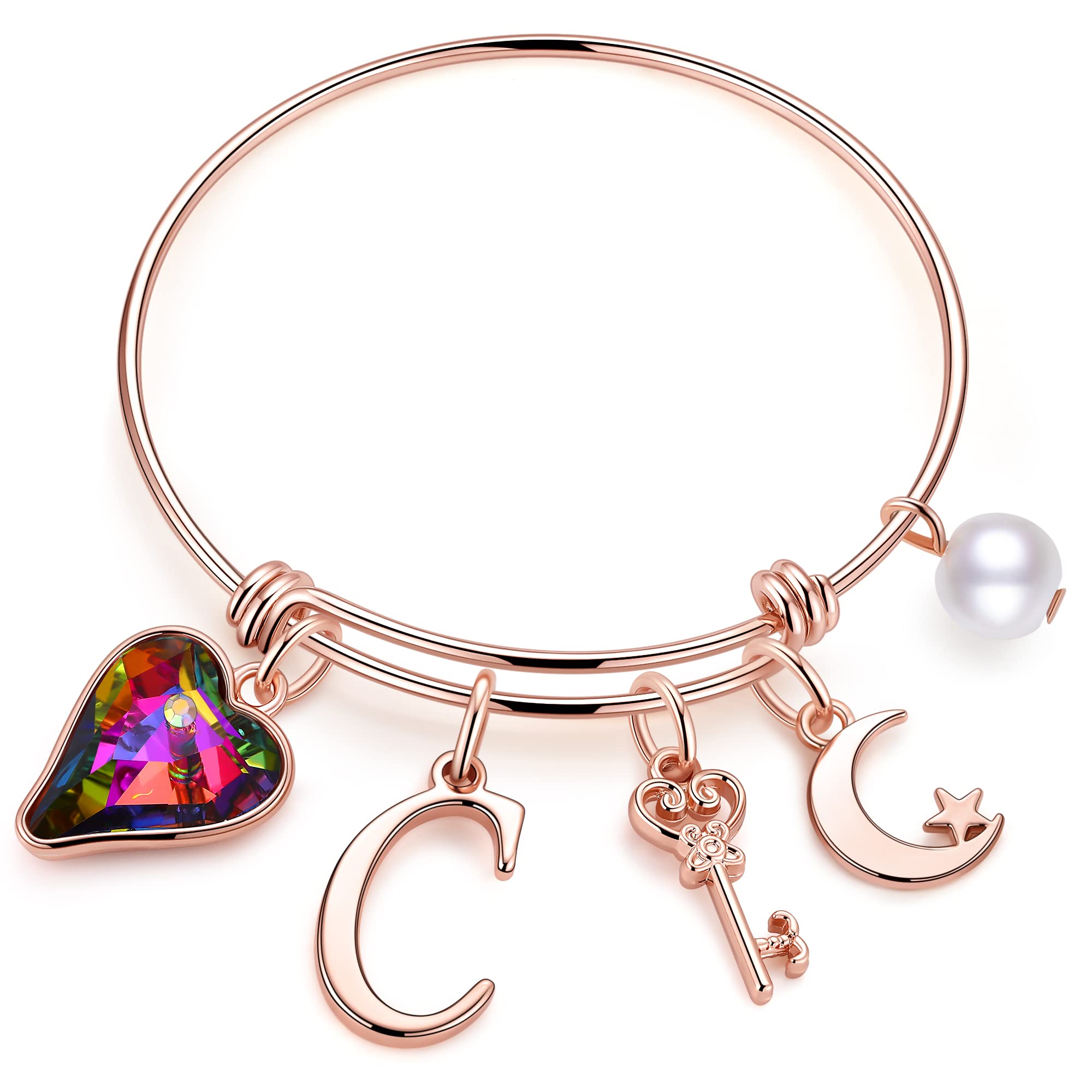 Memorjew Gifts for Women Teen Girls, Rose Gold Letter C Initial Charm Bracelets Teenage Teen Girls Gifts for Jewelry Mothers Day Valentines, Heart Bangle Flower Girl Bridesmaid Gifts for Wedding