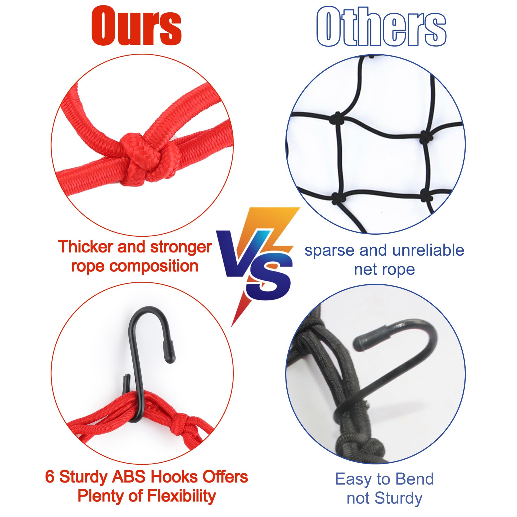 Amiss 15"x15" Elastic Motorcycle Cargo Net, Heavy Duty Bungee Net with 6 Adjustable Plastic Hooks, Luggage Thicken Netting with 2"x2" Small Mesh, Fit for Trailer, SUV, Motorcycle, ATV, Bike - Red