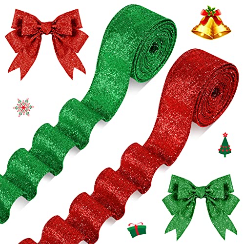 Juinte 2 Roll 20 Yards Christmas Wired Ribbon Glitter Christmas Tree Ribbon Thick Metallic Ribbon Gift Wrapping Tree Decor for Wreath Garland Party DIY Crafts Decorations(1.5 Inch,Red, Green)