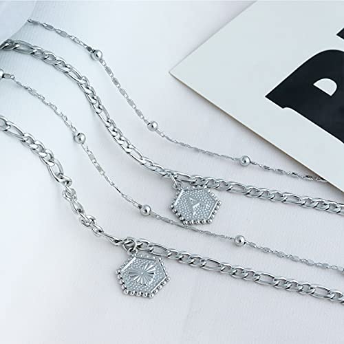 C Silver Initial Anklet for Women Layered Beaded Hexagon Letter Ankle Silver Cuban Link Anklet Bracelet for Women Men Dainty Letter Name Ankle((Silver C)
