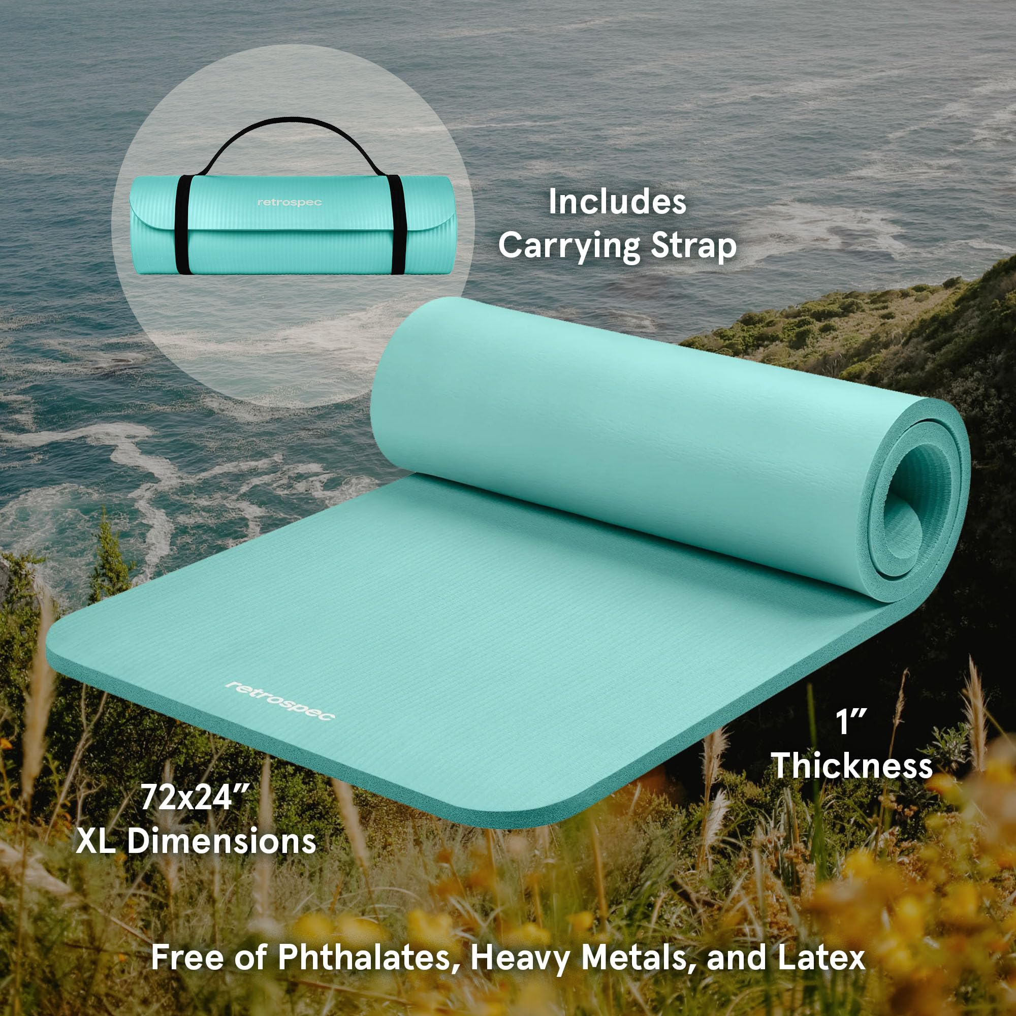 Retrospec Solana Yoga Mat 1" Thick w/Nylon Strap for Men & Women - Non Slip Exercise Mat for Home Yoga, Pilates, Stretching, Floor & Fitness Workouts - Blue Lagoon