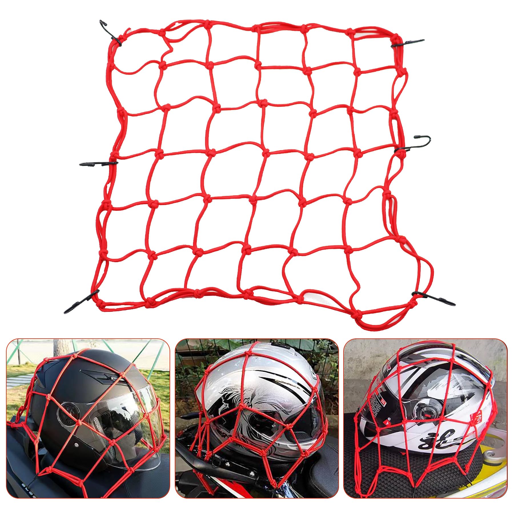 Amiss 15"x15" Elastic Motorcycle Cargo Net, Heavy Duty Bungee Net with 6 Adjustable Plastic Hooks, Luggage Thicken Netting with 2"x2" Small Mesh, Fit for Trailer, SUV, Motorcycle, ATV, Bike - Red