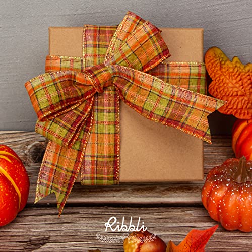 Ribbli Fall Burlap Wired Ribbon with Metallic Edge, 1.5 Inch x 10 Yard,Fall Plaid Ribbon for Big Bow,Fall Wreath,Gift Wrapping, Orange/Burgundy/Green