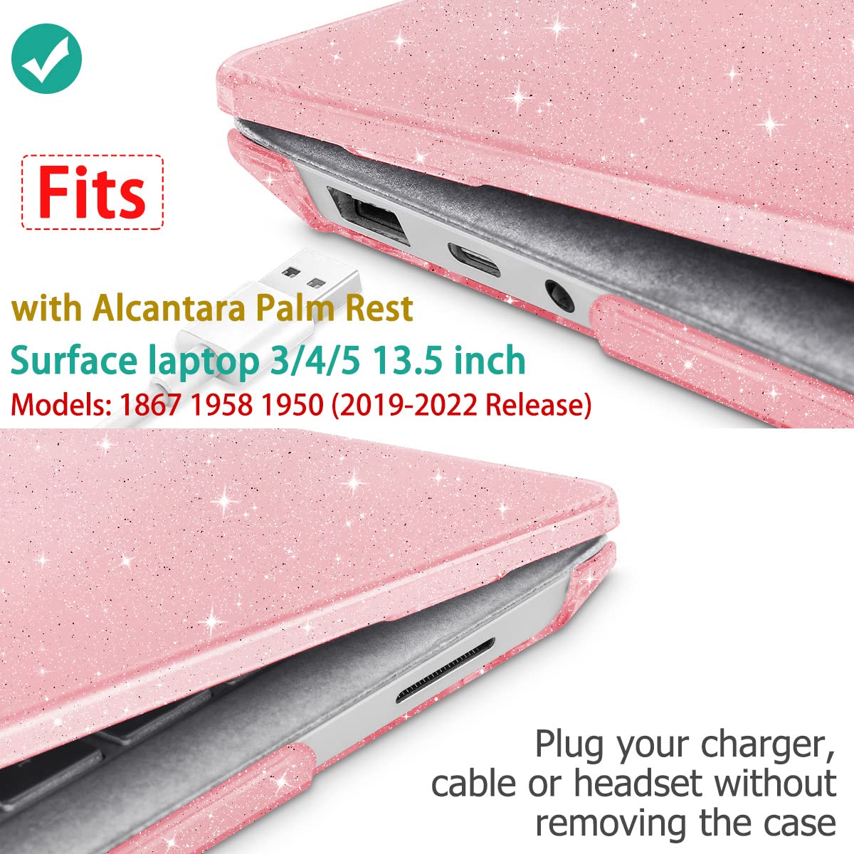 May Chen Case for 13.5" Microsoft Surface Laptop 3/4/5 with Alcantara Palm Rest Model 1867 1958 1950 (2019 2021 2022), Plastic Hard Shell Case with Keyboard Cover + Screen Protector, Pink Glitter