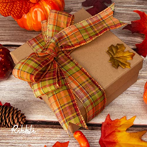 Ribbli Fall Burlap Wired Ribbon with Metallic Edge, 1.5 Inch x 10 Yard,Fall Plaid Ribbon for Big Bow,Fall Wreath,Gift Wrapping, Orange/Burgundy/Green