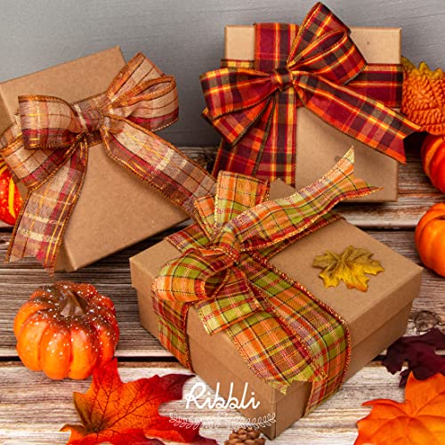 Ribbli Fall Burlap Wired Ribbon with Metallic Edge, 1.5 Inch x 10 Yard,Fall Plaid Ribbon for Big Bow,Fall Wreath,Gift Wrapping, Orange/Burgundy/Green