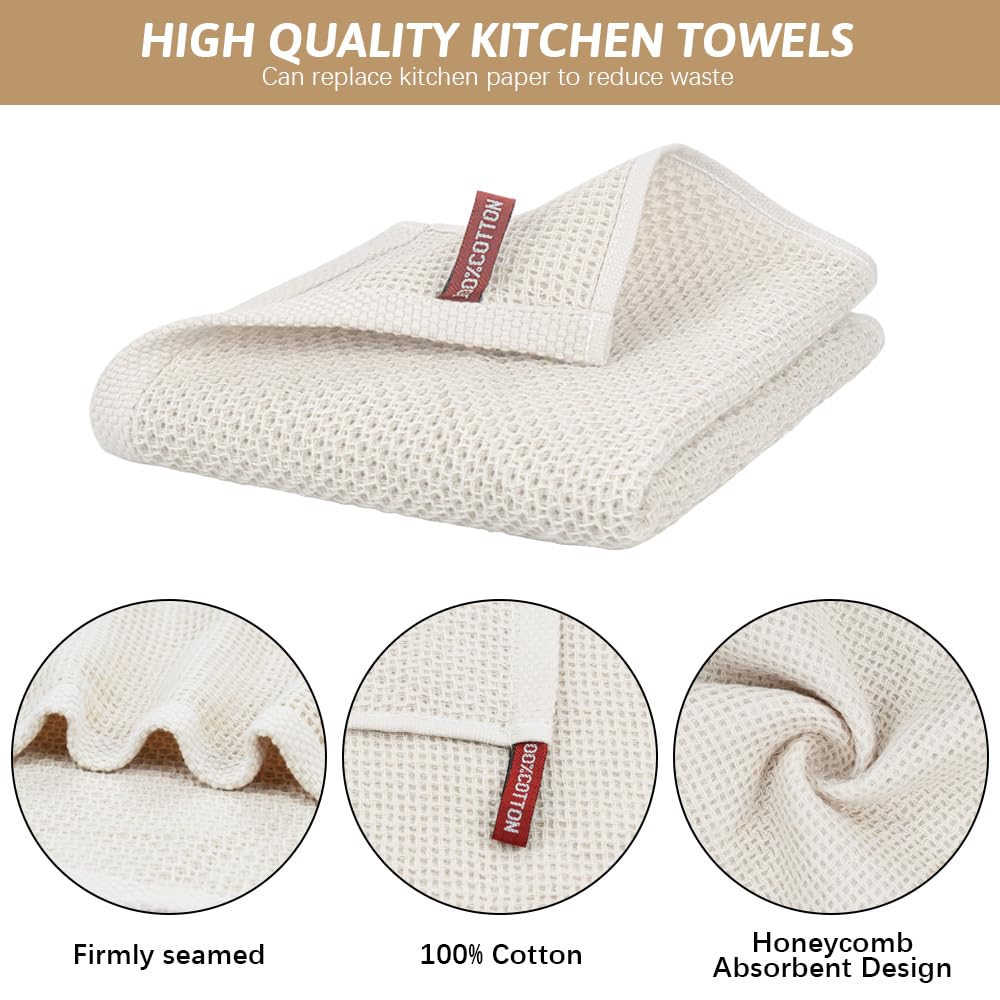 Nialnant 100% Cotton Kitchen Dish Towels,4 Pack Waffle Weave Dish Cloths for Drying Dishes,Extra Soft & Quick Drying Hand Towels-13 x 28 Inch,Beige
