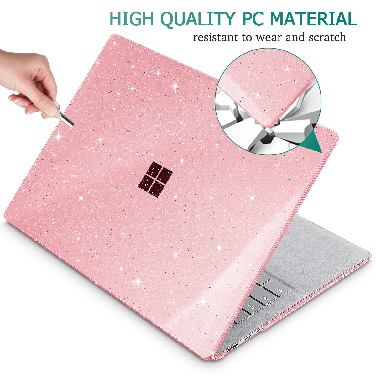 May Chen Case for 13.5" Microsoft Surface Laptop 3/4/5 with Alcantara Palm Rest Model 1867 1958 1950 (2019 2021 2022), Plastic Hard Shell Case with Keyboard Cover + Screen Protector, Pink Glitter